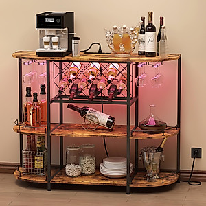 ZOPEND Wine Cabinet Coffee Table with Power Socket and LED Light, Three Tiers Coffee Bar Table Wine Rack Liqour Bar with Large Storage for Home Kitchen (Retro Brown)