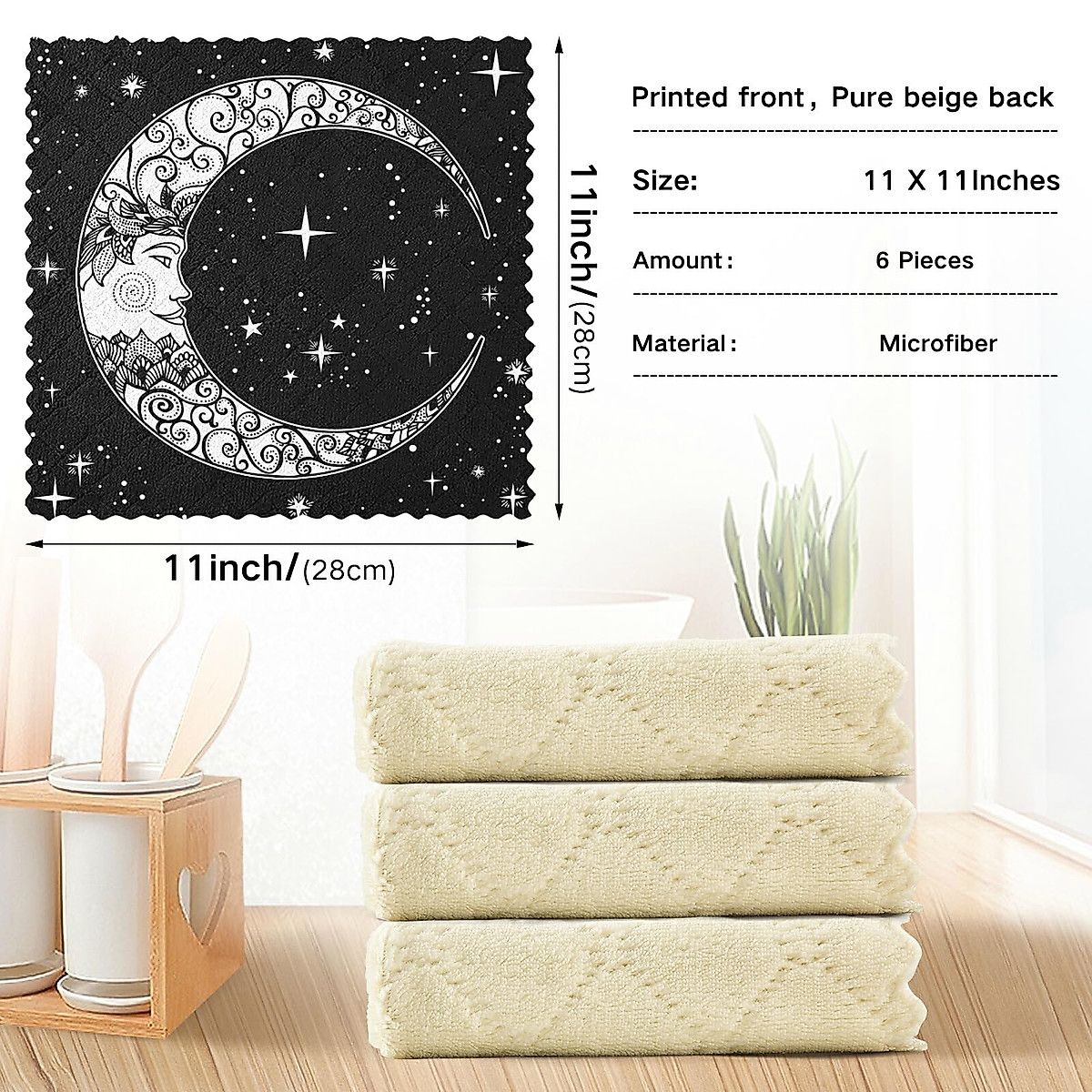 Vintage Hand Drawn Retro Face of The Moon Stars on Black 6 Set Kitchen Dish Towels, Washcloths Cleaning Cloths Dish Cloths, Absorbent Towels Lint Free Bar Tea Soft Waffle Towel 11"x11"