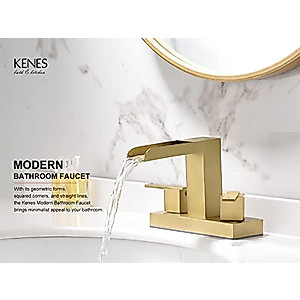 KENES Brushed Gold Waterfall Bathroom Faucet 3 Hole Gold 4 Inch 2 Handle Centerset Bathroom Sink Faucet Modern Bathroom Vanity Faucet with Supply Lines, KE-9053-4