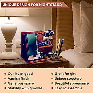 Wood Phone Docking Station Gifts for Men Him Husband Dad Boyfriend - Stylish Nightstand Organizer for Men Wooden Bedside Watch Stand Wallet Desk Organizer (Brown)