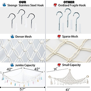 Stuffed Animal Net or Hammock with Light,Yewiwin Macrame Hanging Net Hammock for Stuffed Animal Toy Storage Organizer Boho Decor Room Holder for Nursery Play Room Bedroom (Beige)