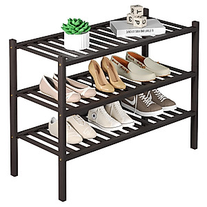 ROMGUAR CRAFT 3 Tier Bamboo Shoe Rack for Closet Free Standing Wood Shoe Shelf for Entryway Small Space Stackable 27"x11"x20" (Brown)
