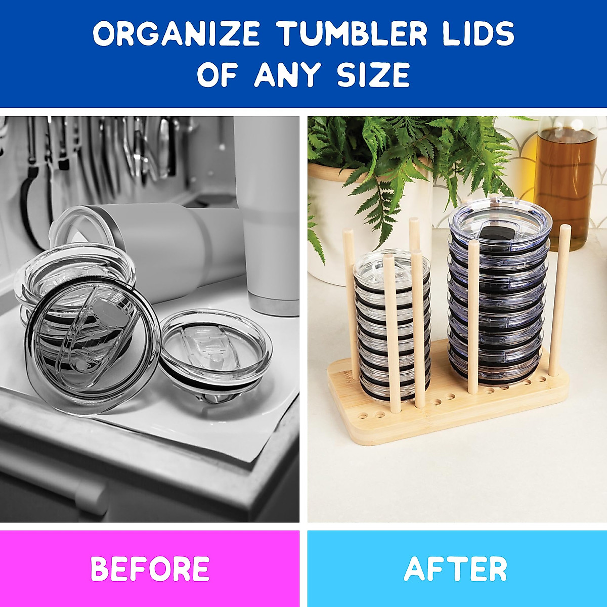 Adjustable Bamboo Tumbler Lid Organizer - Holds up to 20 Lids - YETI Lid Organizer for Cabinet - YETI Organizer for Kitchen Cabinets - Water Bottle Lid Organizer for Cabinet - Cup Lid Holder - Stacker