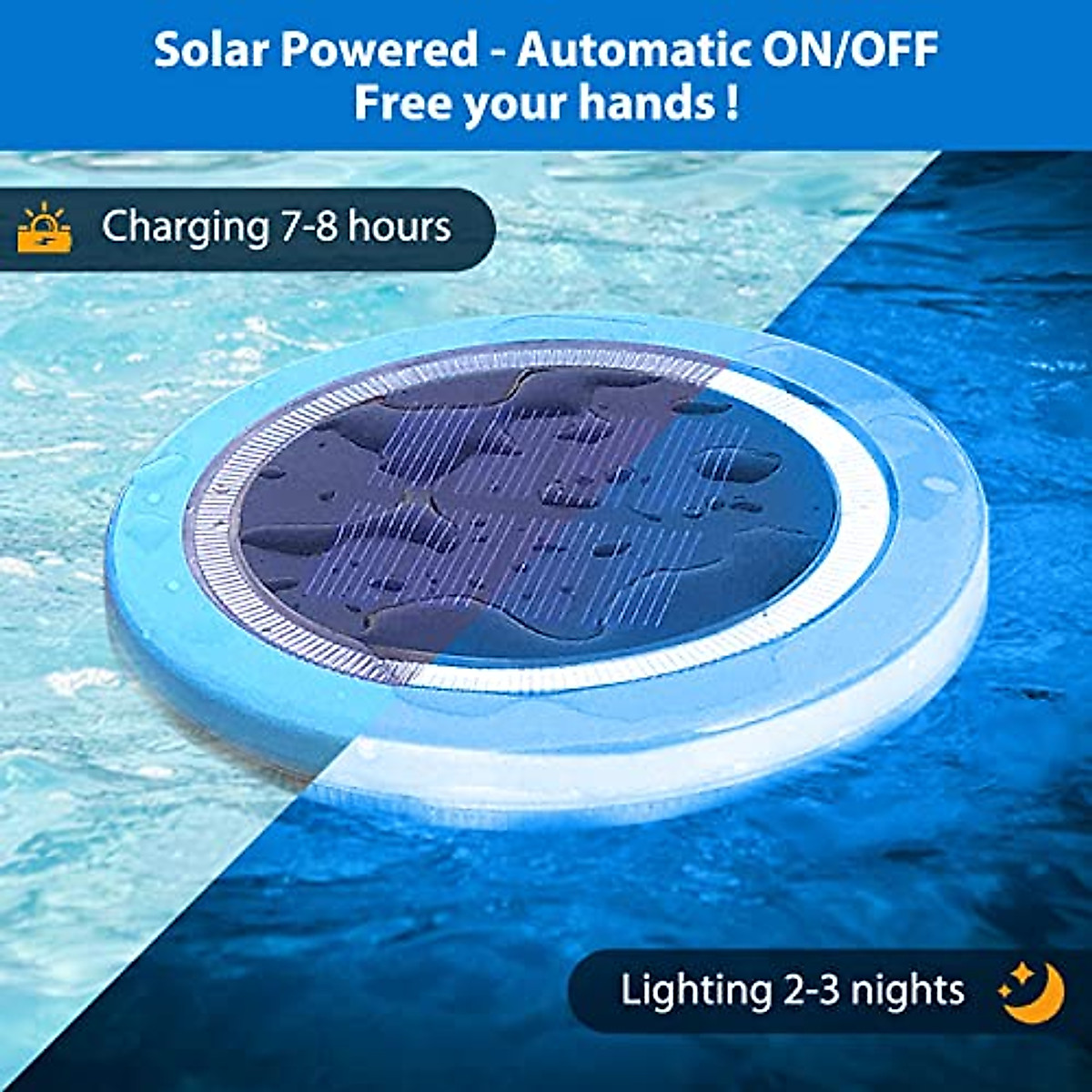 FVTLED Floating Pool Lights, Solar Pool Lights with 1800mAh Lighting 2-3 Nights, 4.5", IP68 Waterproof Pool Lights That Float for Swimming Pool, Pond, Lawn or Disco Pool Party Decoration, 1pcs, Blue