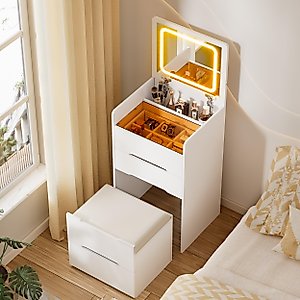 PAKASEPT 3 in 1 Vanity Desk with Plip Top Mirror, Small Make Up Vanity Set with Visible Glass Desktop, Compact with 3 Drawers,Cushioned Tool,Dressing Table for Bedroom