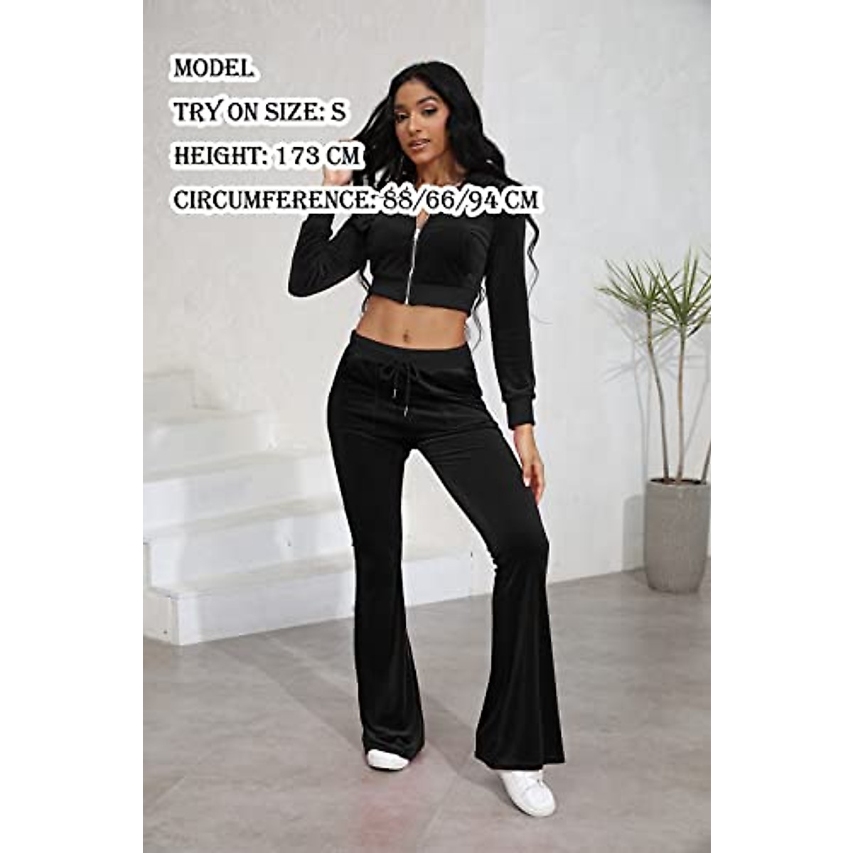Wryran Velour Tracksuits Womens 2 Piece Lounge Outfits Zip Up Cropped Jacket Velvet Track Suits Y2K Sweatshirt and Flared Sweatpants with Pockets Matching Set Black Medium