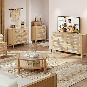 DWVO Natural Rattan 6 Drawer Dressers - Oak Wooden Dresser Chest of Drawers with Golden Handles - Modern Large Closet Boho Dressers Storage Cabinet for Living Room/Hallway/Entryway