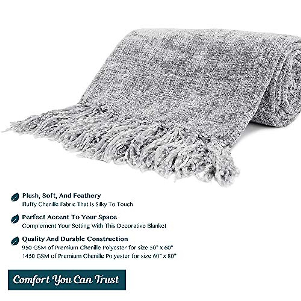 PAVILIA Chenille Tassel Fringe Throw Blanket | Velvety Textured Decorative Knit Throw for Sofa Couch Bed | Soft Boho Woven Cozy Lightweight Knitted Throw | Light Grey 50 x 60 Inches