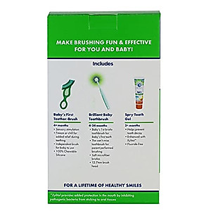 First Teeth Oral Care Kit by Brilliant Oral Care- Set has Baby's 1st Teether-Brush, Brilliant Baby Toothbrush and 2oz Spry Xylitol Tooth Gel, Infants Age 4 Months Old and Up, Baby Must Haves, Blue