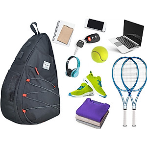 d'yallee Tennis Bag for Men Women, Racquetball Pickleball Paddle Squash Sling Bags Crossbody Sports Backpack Adult with USB Charge Port (Black)