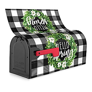 Hello Spring Buffalo Plaid Decor Mailbox Cover Magnetic Magnolia Mailbox Wraps Boxwood Wreath Post Letter Box Cover Home Garden Outdoor Decorations Standard Size 18" X 21"