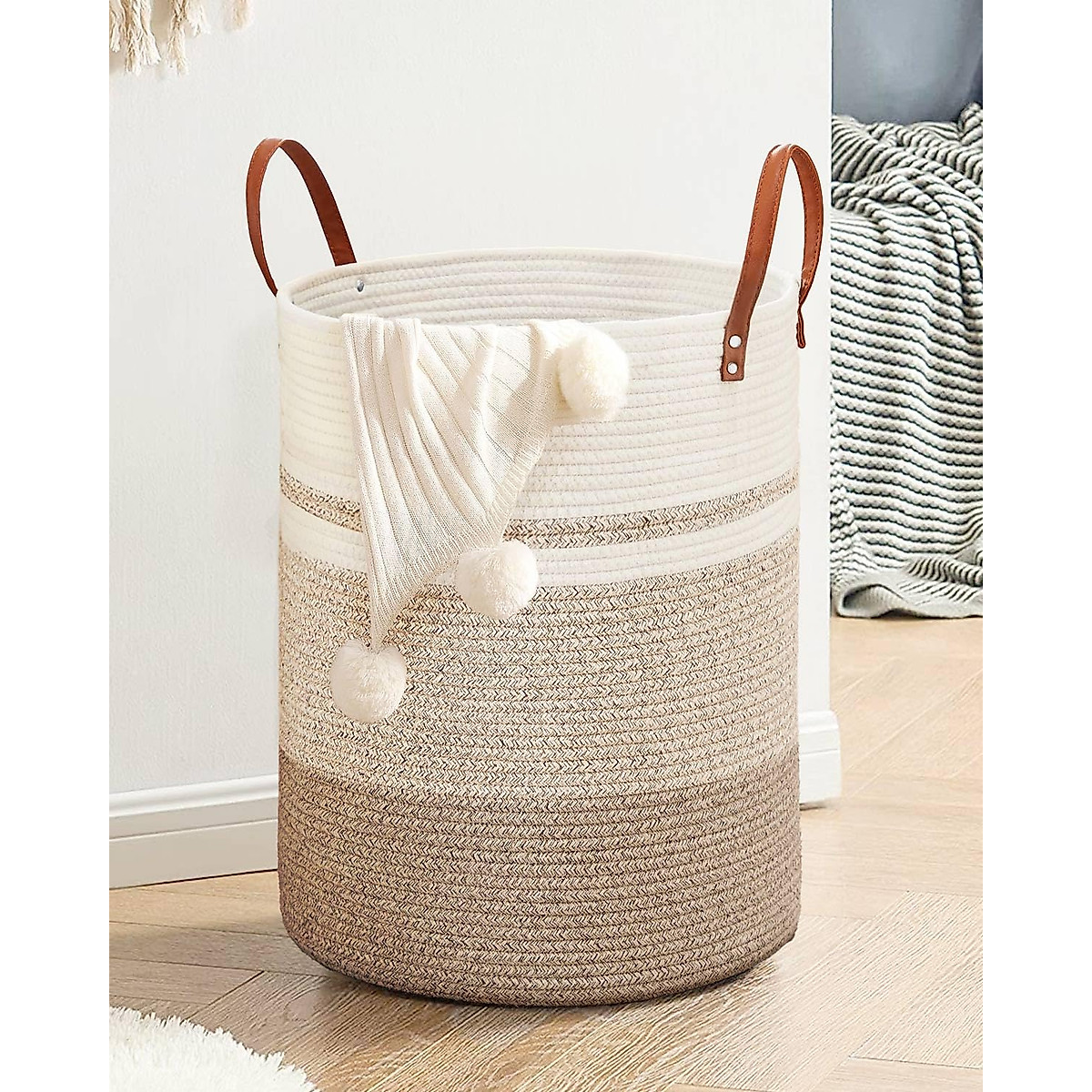 MOXTOYU Laundry Basket, Jute Dirty Laundry Hamper with Leather Handles, Woven Laundry Basket for Pillows, Blankets, Toys, Decorative Basket for Living Room, Bathroom, Bedroom - 72L Brown & White