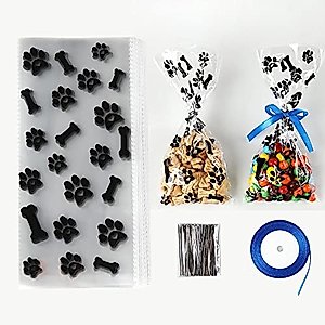 Mosoisy 100 Pack Paw Print Clear Plastic Cellophane Bags - Dog Paw Treat Bags 10.5X5" With Ribbon and Twist Ties Dog Gift Bags Candy Bags Cookie Bags Treat Bags with Ties and Ribbon Cellophane Treat Bags for Dog Party Favor and Supplies