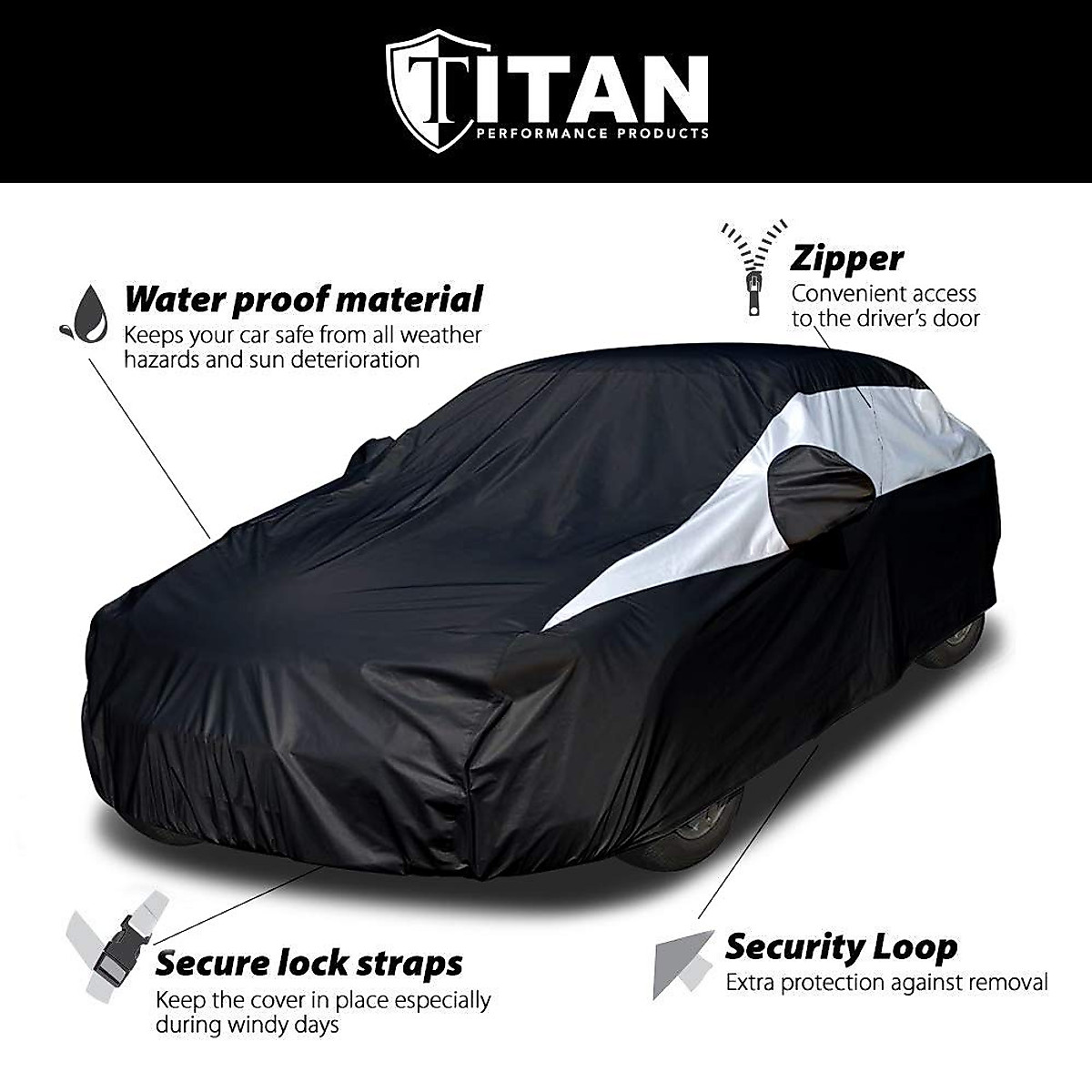 Titan Jet Black Poly 210T Car Cover for Sedans 186-202". Waterproof, UV Protection, Scratch Resistant, Driver-Side Zippered Opening. Fits Camry, Accord and More.