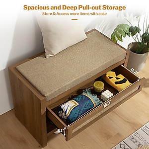SICOTAS Rattan Shoe Bench Entryway Bench with Storage Drawer and Linen Seat Cushion, Farmhouse Boho Shoe Rack Bench with Shelf, Wooden Storage Bench for Entryway Hallway and Bedroom, Natural Oak