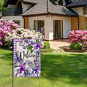 Hzppyz Welcome Summer Pansy Butterfly Garden Flag Double Sided, Purple Buffalo Plaid Check Decorative Yard Outdoor Small Decor, Spring Farmhouse Home Outside Decorations 12 x 18