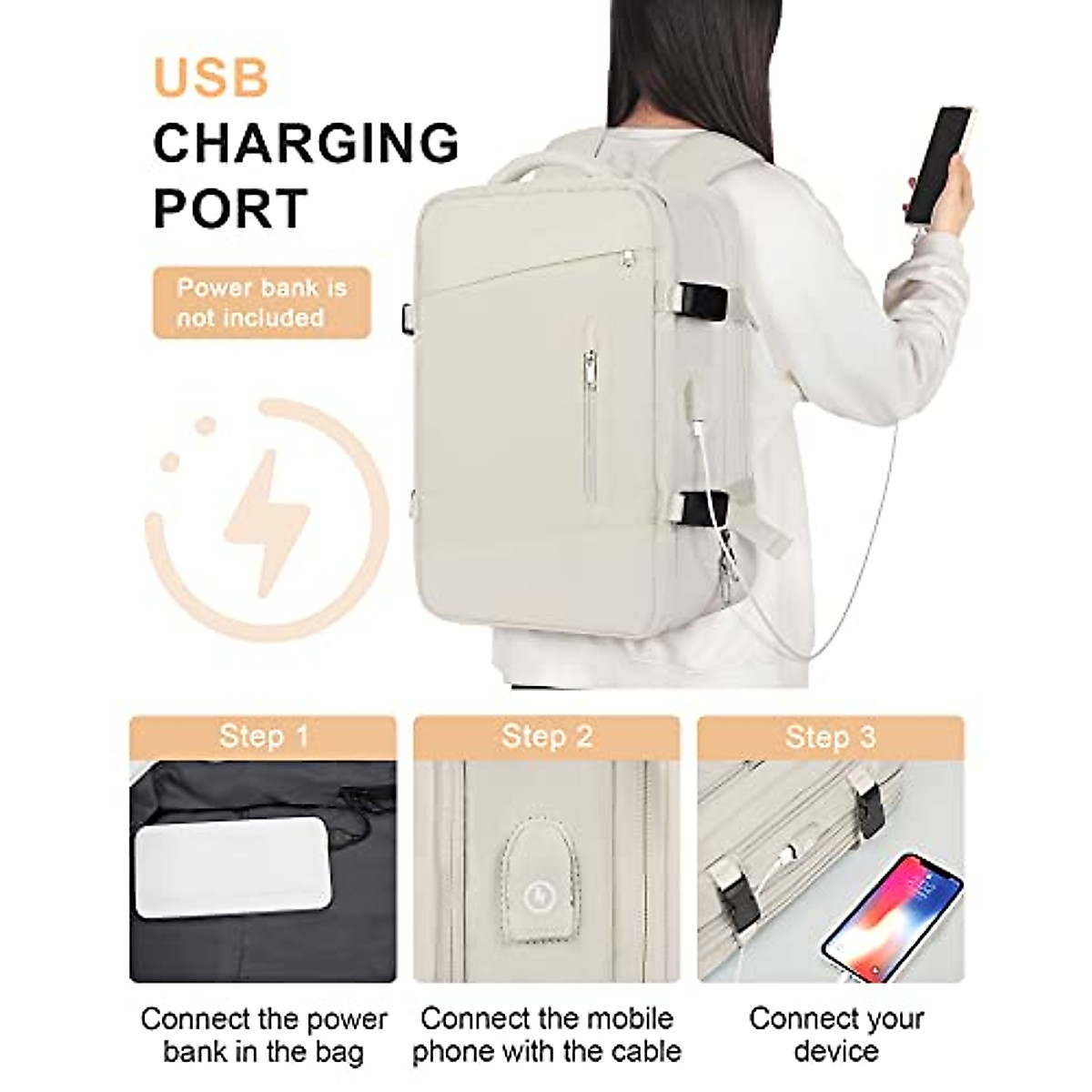 Large Travel Backpack for Women Carry On Airline Flight Approved Expandable Work Personal Item size Backpack Bag with Laptop compartment for College Men Hiking Waterproof Mochila de Viaje Beige