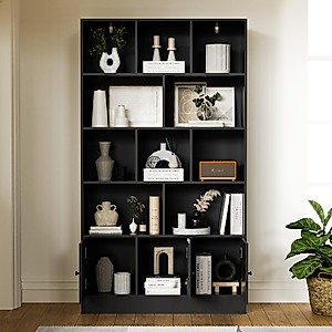 Anystyle Black 13 Cube Bookshelf, 5-Tier Bookcase Storage Cabinet with 3 Doors for Bedroom, Living Room