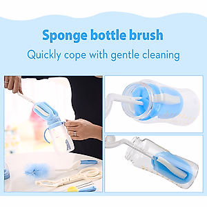 Baby Bottle Brush Set, Baby Bottle Cleaner, Harbiss Rotary Baby Bottle Cleaning Brush with Nipple Cleaner and Straw Cleaner Brush and Additional Sponge Brush kit, No soapy Water Splashing, Blue