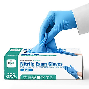 London Labs Nitrile Medical Exam Gloves 4 Mil Disposable Gloves, Latex Free Glove, Powder Free Multi-Purpose (200, X-Small)