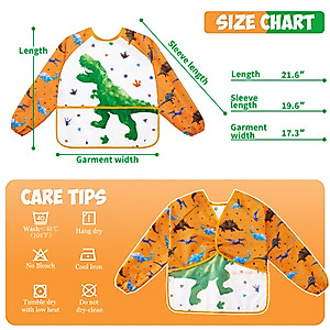 Dinosaur Art Smock - Kids Aprons for Boys ages 3-8 Waterproof Toddler Art Smock Painting Toddler Apron for Girls with Long Sleeve 3 Pockets Toddlers Painting Eating Cooking Baking Gardening Apron