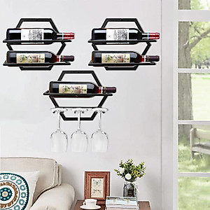 YALINKA 2Pcs Wall Mounted Wine Bottle Rack, Metal Hanging Wine Display Holder Organizer, Red Wine Racks for Home Kitchen Bar Decor Storage(Black) (B2)