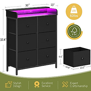 Yoobure Dresser for Bedroom with Charging Station, 6-Drawer Chest Furniture with LED Lights, Fabric Dressers & Chests of Drawers, Storage Tower Organizer Unit for Kids Room Closet Living Room Hallway