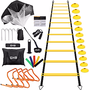 GHB Agility Ladder,Football Training Equipment Set,4 Agility Hurdles, 20 feet 12 Rungs Speed Ladder,12 Disc Cones,Resistance Parachute, Jump Rope, 5 Resistance Bands for Workout