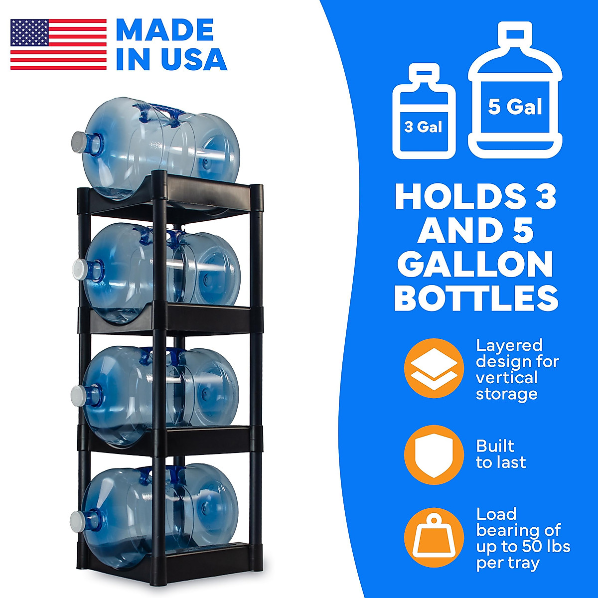 Bottle Buddy Water Racks - 3 and 5 Gallon Bottles - 4-Tray Jug Storage System - Free-Standing Organizer for Home, Office, Kitchen, Warehouse - Black