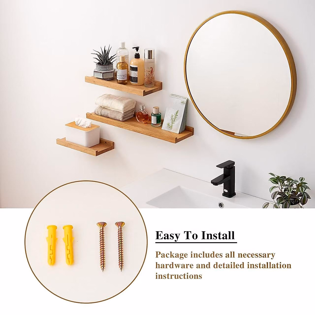 Oak Floating Shelves 24 Inch Wall Shelves for Decor and Storage, 4 Inch Deep Natural Solid Wood Shelf, Picture Ledge Shelf for Bedroom Bathroom Living Room KitchenLaundry Room