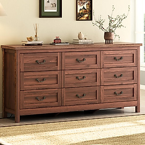 Loomie 9 Drawer Triple Dresser for Bedroom, 63" Dresser TV Stand for TVs up to 75",Wide Chest of Drawers,Large Storage Long Dressers Organizer with Vintage Pull for Bedroom,Living Room (Walnut)
