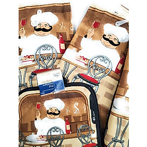 Collection Italian Chef Decor 5 Piece Printed Kitchen Linen Set Includes 2 Towels 2 Pot Holders 1 Oven Mitt