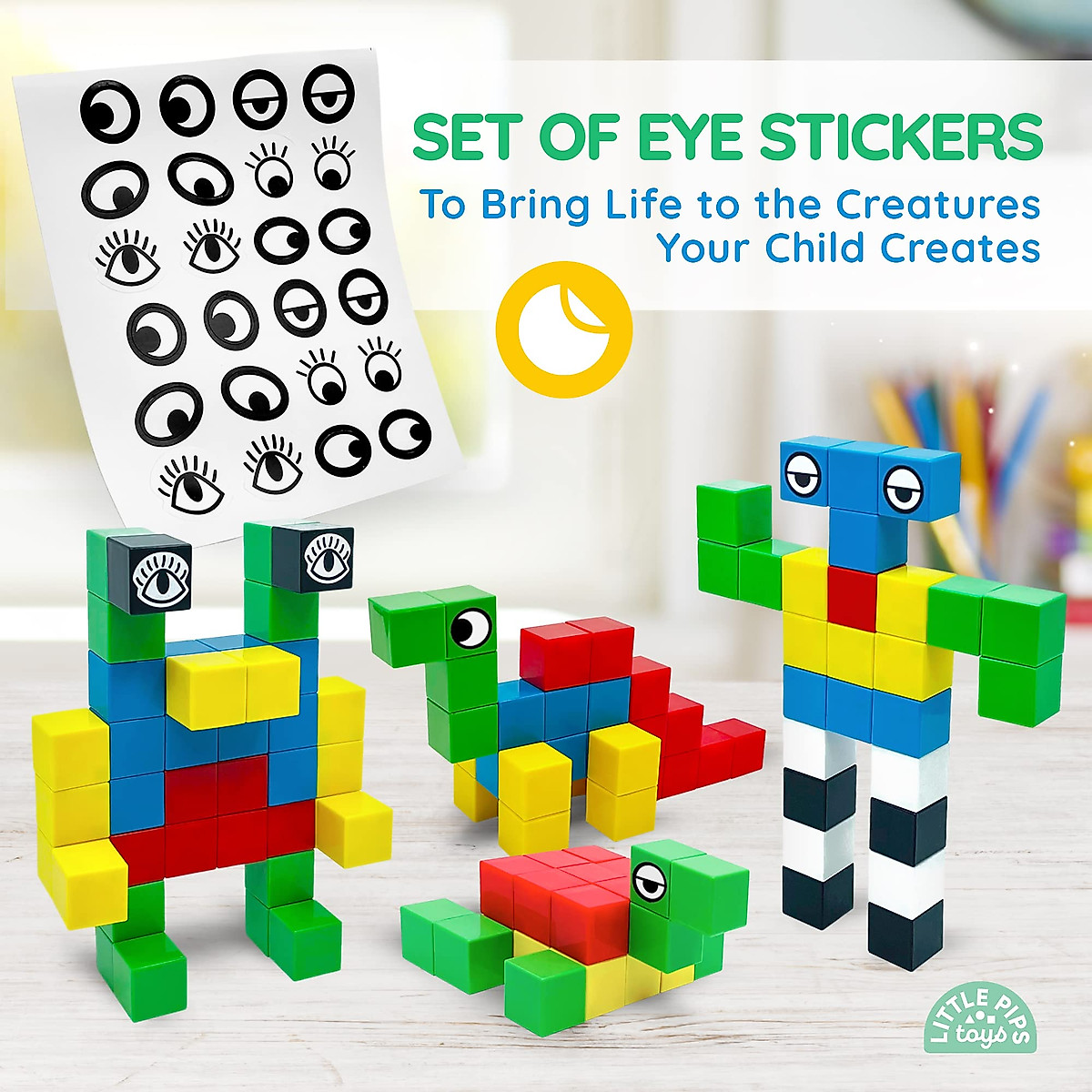 LITTLE PIPS TOYS 50PCS Magnetic Blocks for Kids [Ages 3–6] – 3D Magnetic Building Blocks Set with Child-Safe Magnetic Cubes & Eye Stickers – STEM Magnetic Toys for Critical Thinking, Motor Skills