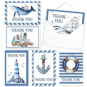 AnyDesign Cruise Staff Thank You Cards Set with Stickers Envelopes 24 Pack Blue Nautical Thank You Note Cards for Express Thanks to Ship Staff Birthday Baby Shower Party, 4 x 6 Inch