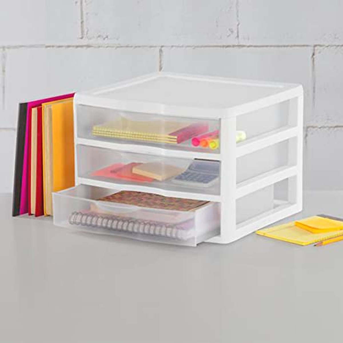 Sterilite Clear Plastic Stackable Small 3 Drawer Storage System for Home Office, Dorm Room, or Bathrooms, White Frame, (6 Pack)