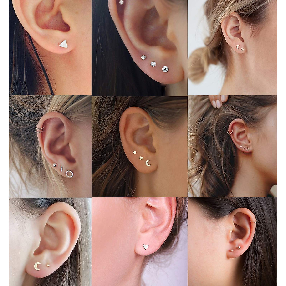 Vegolita 18Pairs 20G 18G Stainless Steel Tiny Stud Earrings for Women Cartilage Helix Earrings Ball Star CZ Earrings