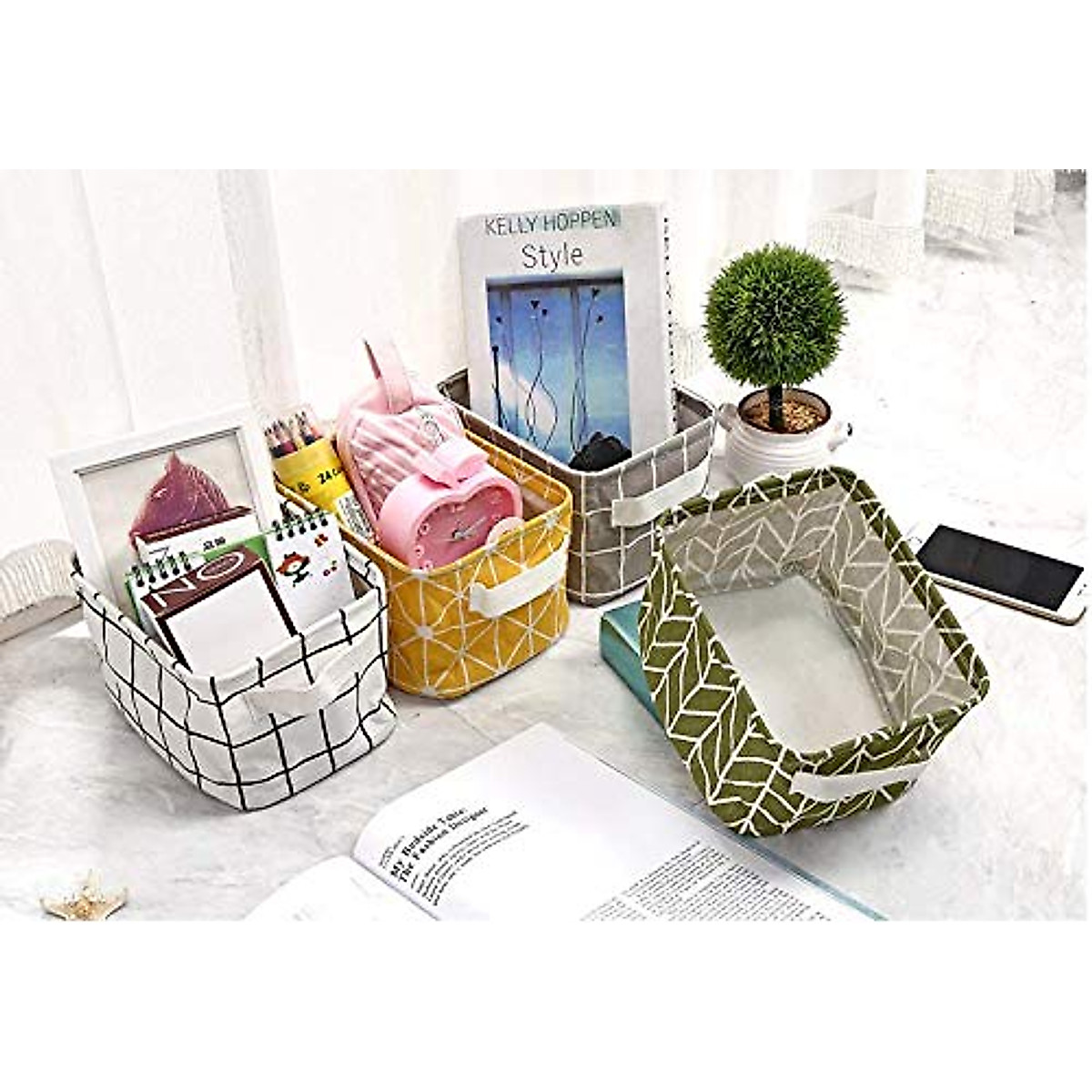 Tamicy Mini Storage Basket（Pack of 5）- Blend Storage Bins for Makeup, Book, Baby Toy,8x6x5.5 inch Home Decor Canvas Organizers Bag 8x6.3x5.1 inch