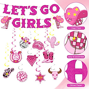 Epakh 35 Pcs Let's Go Girls Cowgirl Party Decorations Pink Western Birthday Decors Disco Bachelorette Party Bridal Shower Supplies Include Let's Go Girls Banner Hanging Swirls Lights for Women Girls