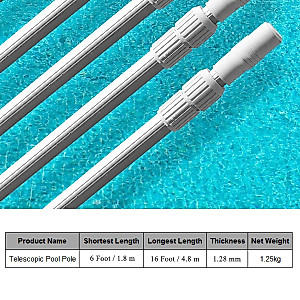 Upgraded Professional 16 Foot Swimming Pool Pole Telescopic Aluminum, 1.28mm Thicken Fits Pool Net Skimmer Rake Vacuum Head Brush Cleaning Heavy Duty, Adjustable 3 Section from 6 to 16ft Extension
