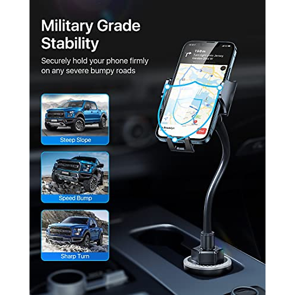 andobil Cup Holder Phone Mount, [Military-Grade, Super Stable] Adjustable Height Solid Long Gooseneck Cup Cell Phone Holder for Car Truck with Quick Swivel Compatible with iPhone 14 13 12 Pro Max