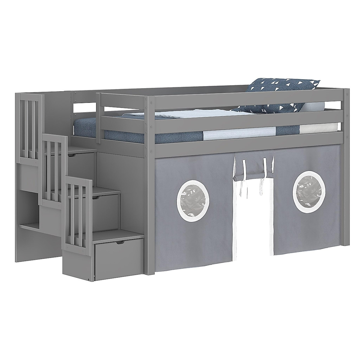 JACKPOT! Contemporary Low Loft Twin Bed with a 3 Drawer Stairway, Gray with Gray & White Tent