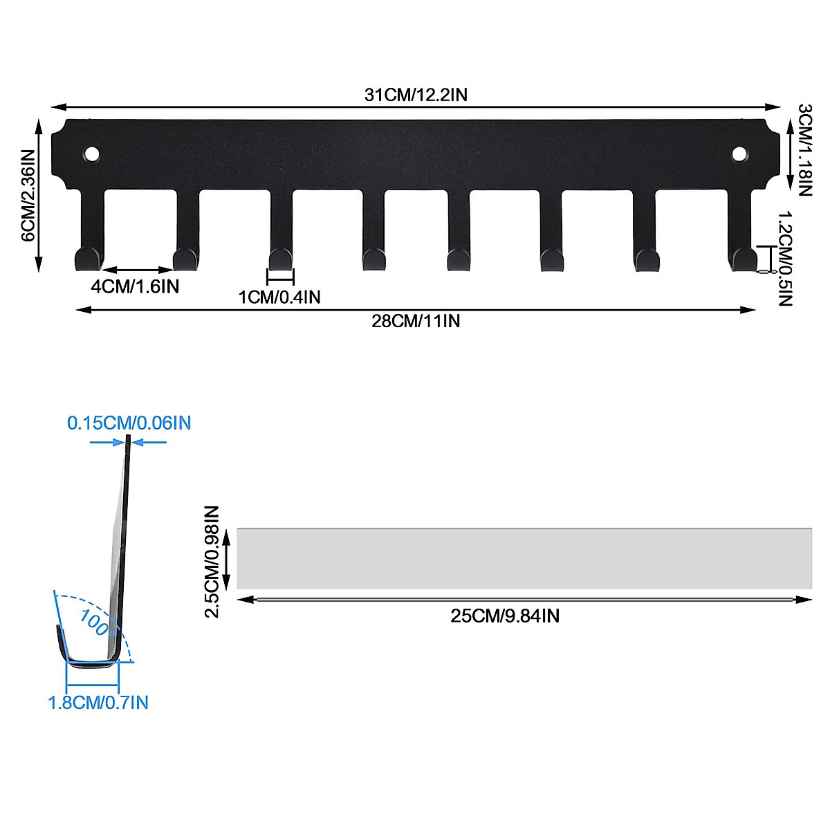 Key Holder for Wall, Key Hooks with 8 Hooks Wall Mounted Black Key Hanger Self Adhesive Key Racks Organizer for Hallway Doorway Entryway Bathroom Kitchen Living Room