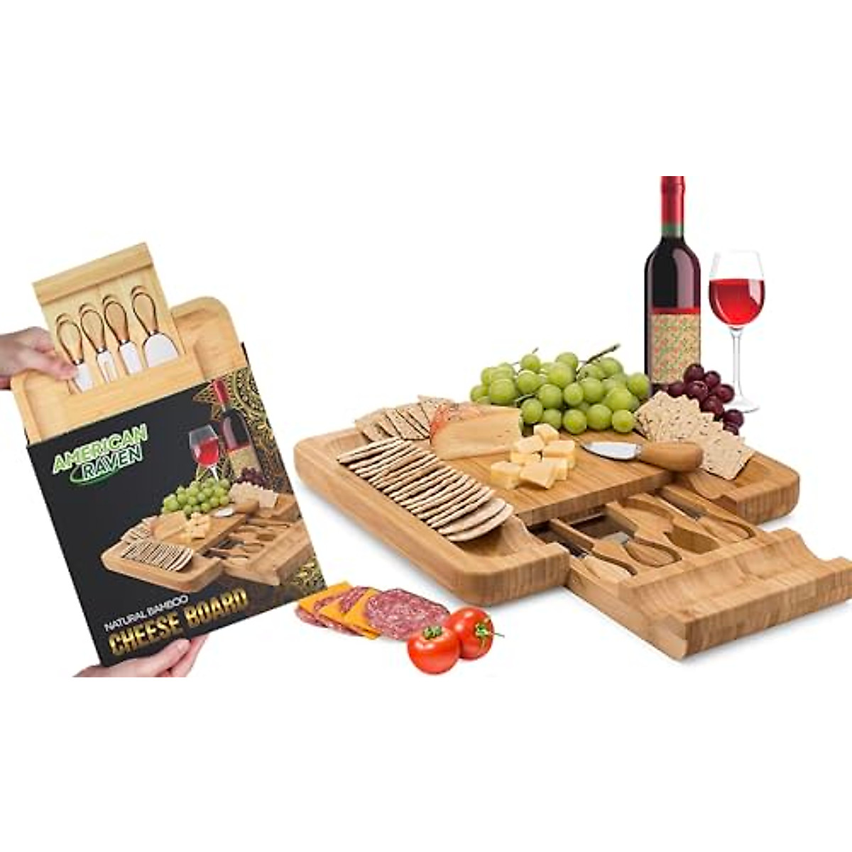 Organic Bamboo Cheese Charcuterie Cutting Board with Cutlery & Knife Set, Includes 4 Stainless Steel Serving Utensils, Wooden Serving Tray for Meat Platter, Fruit & Crackers