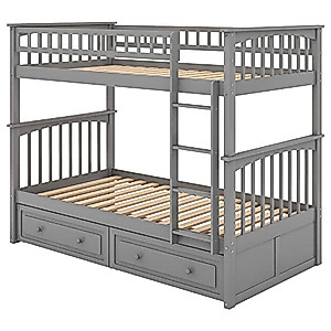 Harper & Bright Designs Bunk Beds Twin Over Twin with Storage, Twin Bunk Beds with 2 Drawers, Wooden Storage Bunk Bed with Safety Rail and Ladder,Can be Convertible to 2 Beds,Grey