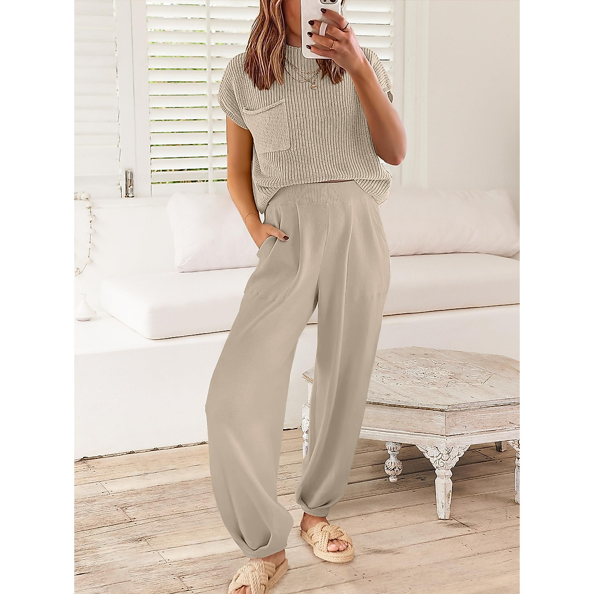 ANRABESS Women's Two Piece Outfits Knit Sweater Vest Crop Top Pants Lounge Matching Tracksuit Sweatsuit Travel Clothes Sets Khaki Small