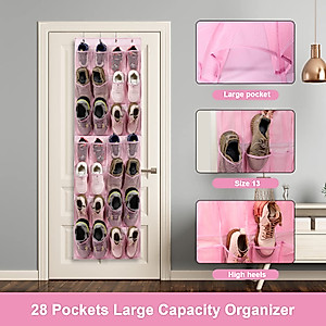 FIRCRE Over the Door Shoe Organizers 28 Mesh Pink Pockets Hanging Shoes Organizer Shoe Rack for Closet Entryway Bedroom Bathroom Pantry Shoe Holder for Women High Heeled Shoes roducts