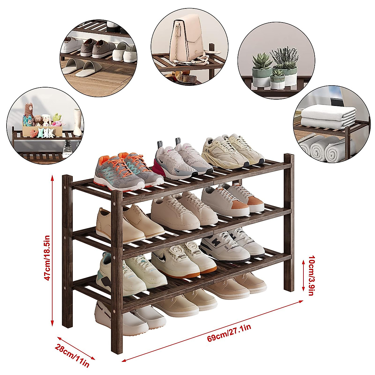 Bamboo Shoe Rack Organizer for Closet and Entryway - Space-Saving Narrow Shoe Stand - Versatile Shoe Holder for Door or Closet Shelf,Garage Bedroom can Freely Stack DIY Small Shoe Racks 3Tier Brown