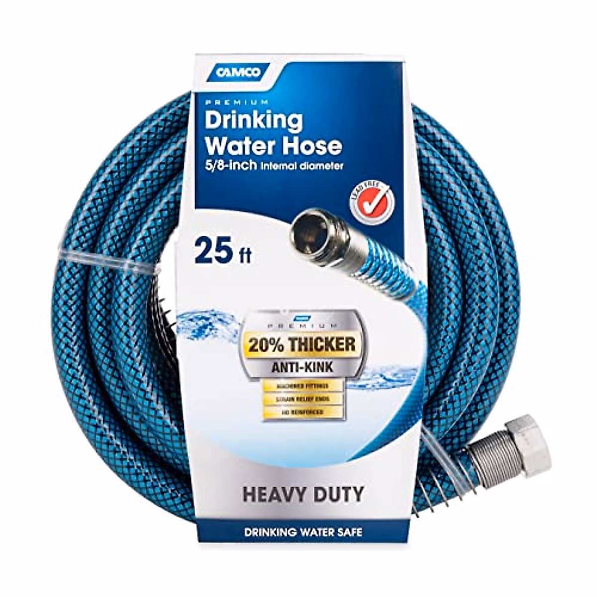 Camco TastePURE 25-Foot Premium Drinking Water Hose | Features a No-Kink Heavy-Duty Design with Machined Fittings for Extra Strength, 5/8” ID, and is Lead-Free, BPA-Free, and Phthalate-Free (22833)