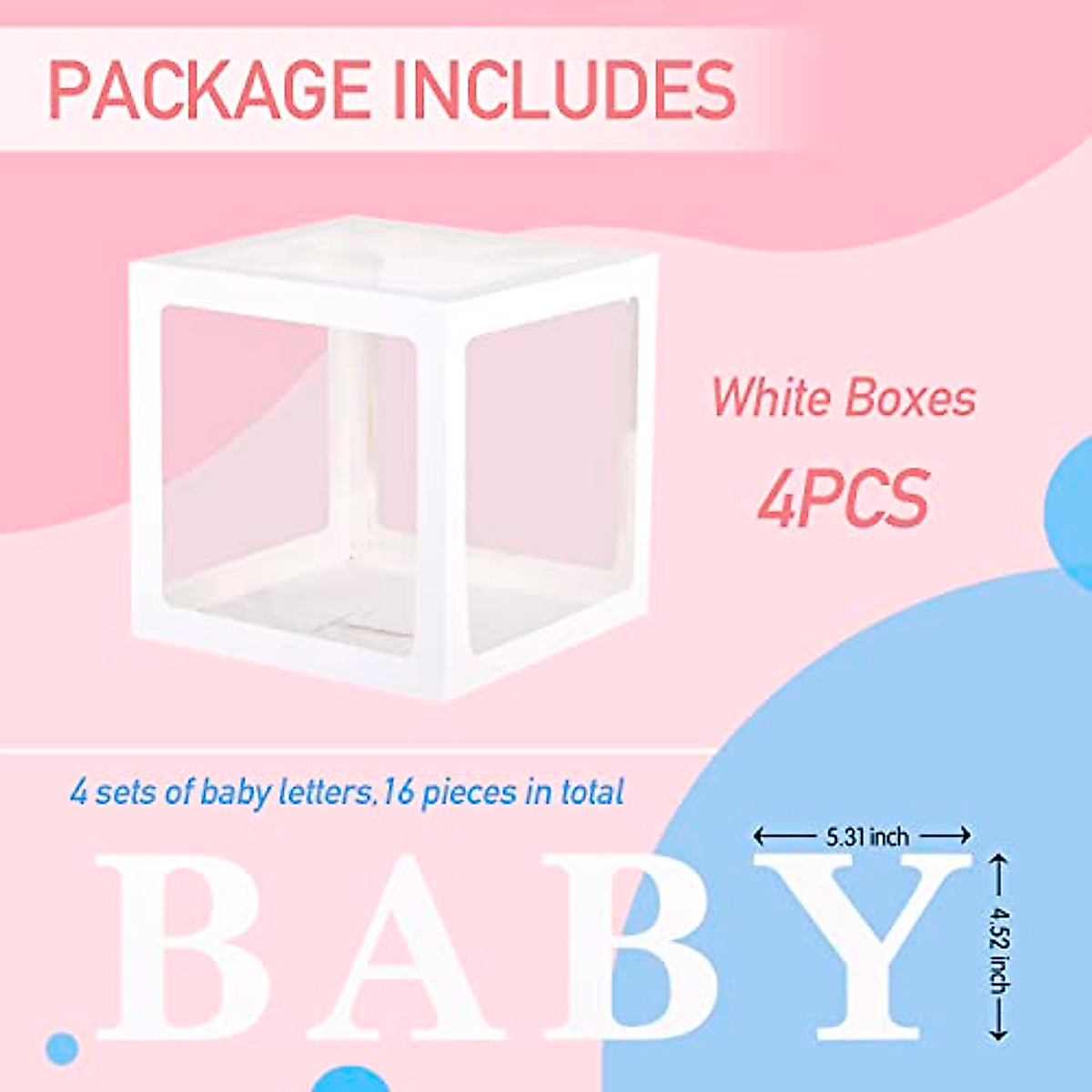PABUES Baby Boxes with 4 PCS Letters for Baby Shower White Clear Balloon Box Blocks Gender Reveal Decorations and Birthday Party