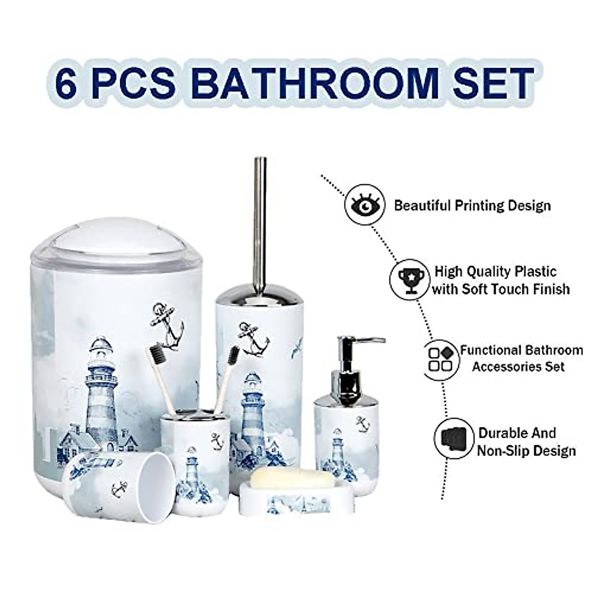 BFYLSQUE Lighthouse Bathroom Accessory Set, 6 Pieces Luxury Bath Accessories Bath Set Lotion Bottles Toothbrush Holder Tooth Mug Soap Dish Toilet Brush Rubbish, for Modern Design - Plastic